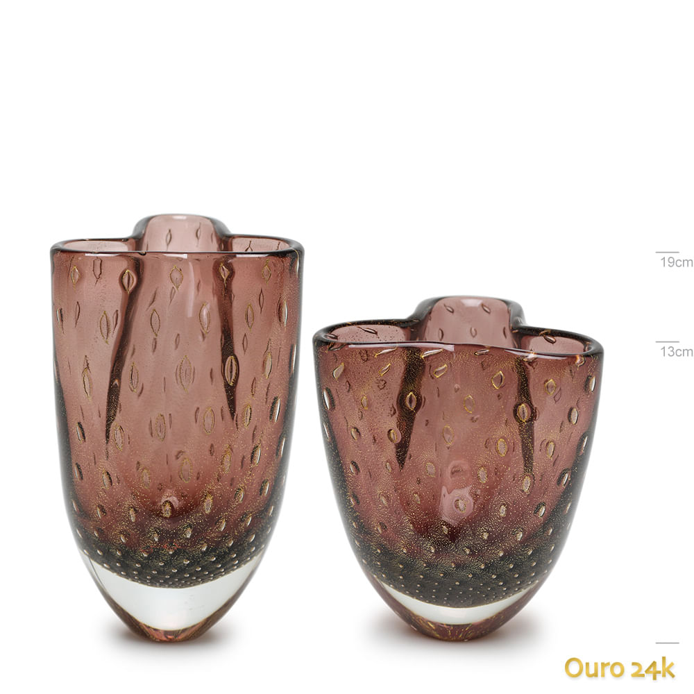 Par de Vasinhos Trevo 2 e 3 Tela Roxo com Ouro Murano Cristais Cadoro ...